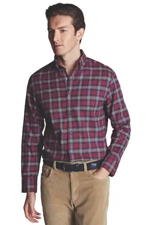 CHARLES TYRWHITT Slim Fit Button-down Collar Brushed Flannel Check Shirt - Dark Red