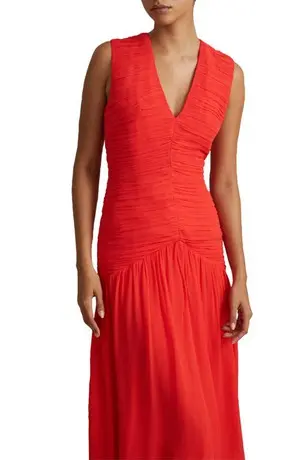 REISS Saffy Ruched Mesh Midi Dress