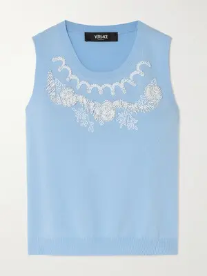Versace Cropped Embellished Wool And Cashmere-blend Vest - Blue