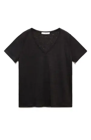 Mango V-neck Linen T-shirt - Black