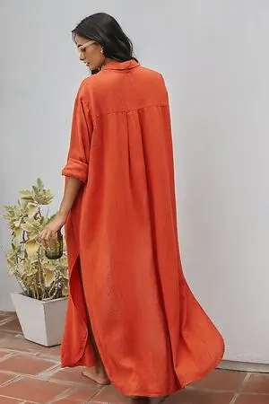 Anthropologie Oversized Linen-viscose Button-front Maxi Dress - Orange