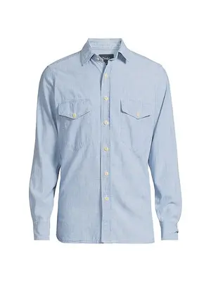 DRAKE'S Men's Cotton Chambray Work Shirt - Blue  - Blue