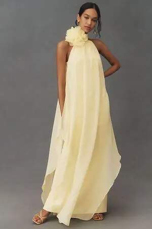 Halston Gnie Mock-neck Rosette Gown