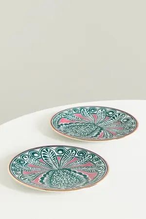 La DoubleJ Set Of Two Gold-plated Porcelain Dessert Plates - Green