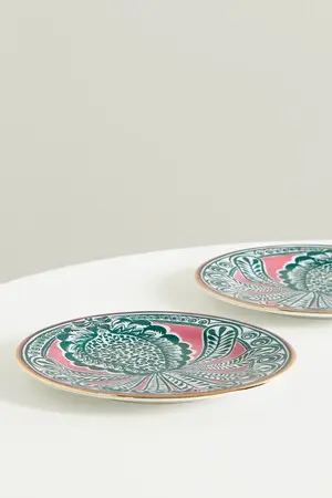 La DoubleJ Set Of Two Gold-plated Porcelain Dessert Plates - Green