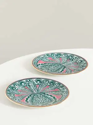La DoubleJ Set Of Two Gold-plated Porcelain Dessert Plates - Green