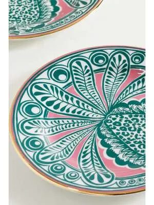 La DoubleJ Set Of Two Gold-plated Porcelain Dessert Plates - Green