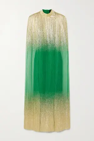 DIMA AYAD Metallic Plissé-tulle Gown And Cape Set - Green