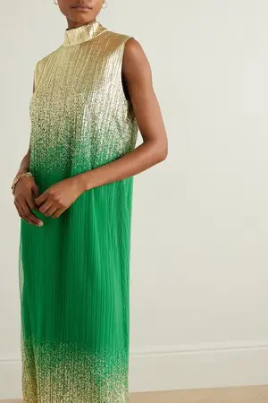 DIMA AYAD Metallic Plissé-tulle Gown And Cape Set - Green