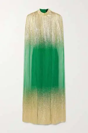 DIMA AYAD Metallic Plissé-tulle Gown And Cape Set - Green