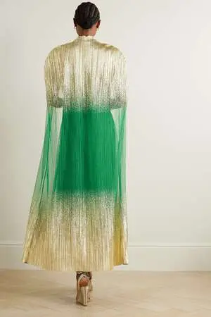 DIMA AYAD Metallic Plissé-tulle Gown And Cape Set - Green