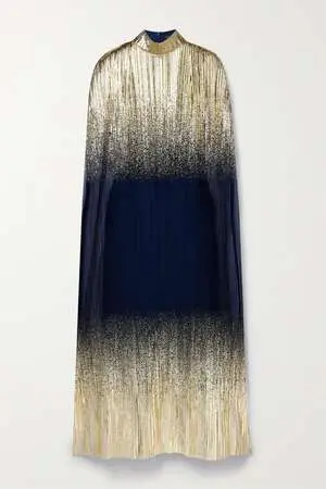 DIMA AYAD Dima Ayad Metallic Plissé-Tulle Gown And Cape Set Navy