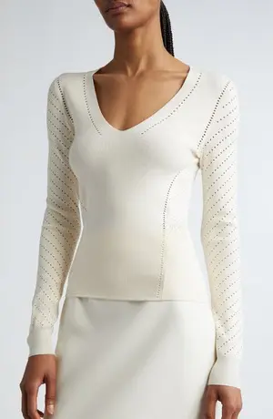 Max Mara Nadar V-neck Pointelle Stitch Sweater - Vanilla