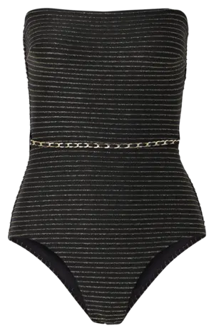 Zimmermann Waverly Strapless Belted Metallic Striped Swimsuit