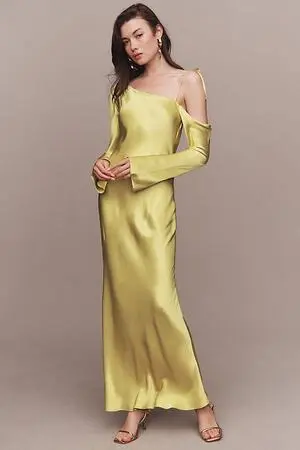 Shona Joy Sofia Asymmetrical Long-Sleeve Satin Maxi Dress In Green - 29%  Off | Editorialist