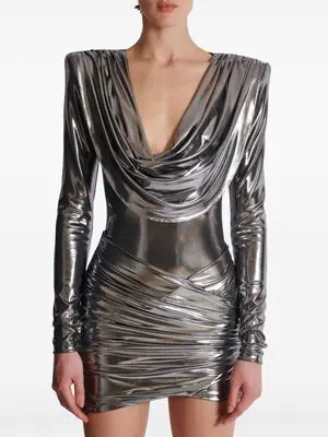Balmain Cowl-neck Lamé Mini Dress