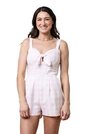 HOPE & HENRY Sleeveless Bow Front Romper - Light Pink Check