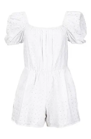 HOPE & HENRY Organic Puff Sleeve Eyelet Romper - White Circle Grid Eyelet