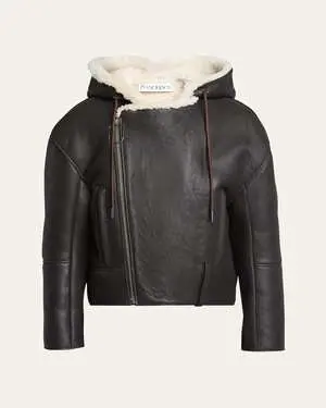 Jw Anderson Shearling Hooded Leather Biker Jacket - Brown 