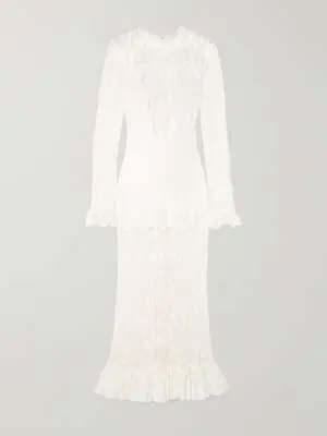 rabanne ruffled satin and lace midi dress Off-the-shoulder twist-front metallic lace maxi dress - silver