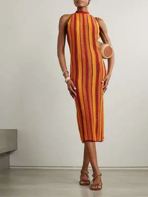 Escvdo Striped Crocheted Cotton Midi Dress