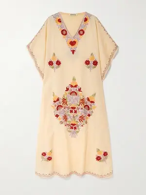 ADMONA Embroidered Crinkled-gauze Kaftan Off-white