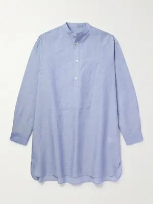 Loro Piana Suwako Grandad-collar Striped Linen And Cotton-blend Shirt - Blue