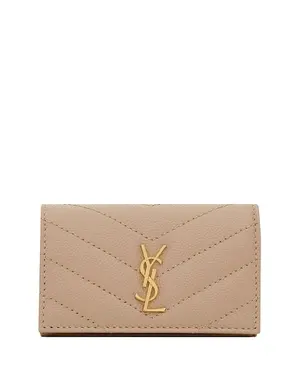 Saint Laurent Cassandre Slim Key Case Wallet - Dark Beige Grain Leather/gold