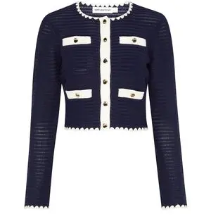 SELF-PORTRAIT Crochet Contrast Trim Cardigan Navy