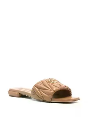 Miu Miu 10mm Logo-lettering Matelassé Slides - Brown