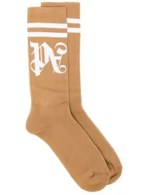 Palm Angels Intarsia-knit Logo Socks - Brown