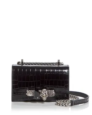 Alexander McQueen Mini Jewelled Croc Embossed Leather Shoulder Bag - Black/silver