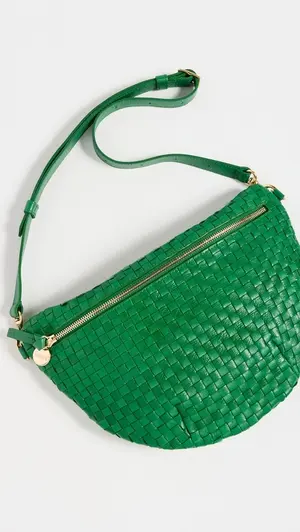 Clare V. Grande Fanny Pack In Woven Leather - Grass Woven Checker