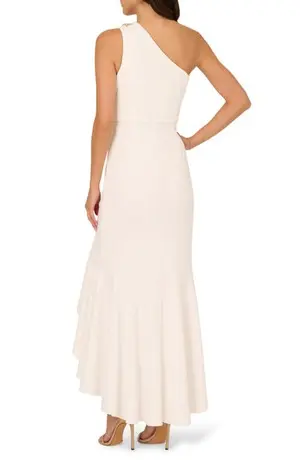 Adrianna Papell Beaded One-shoulder Crepe Gown - Ivory
