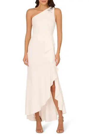 Adrianna Papell Beaded One-shoulder Crepe Gown - Ivory