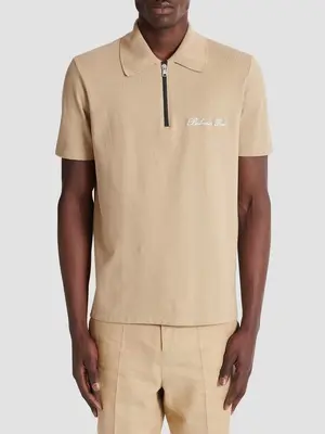 Balmain Logo-embroidered Cotton Quarter-zip Polo Shirt - Camel Blanc