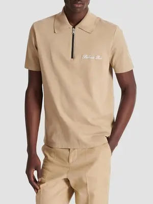 Balmain Logo-embroidered Cotton Quarter-zip Polo Shirt - Camel Blanc
