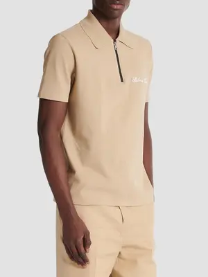 Balmain Logo-embroidered Cotton Quarter-zip Polo Shirt - Camel Blanc