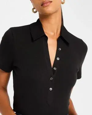 Veronica Beard Kearney Ribbed Polo Top - Black