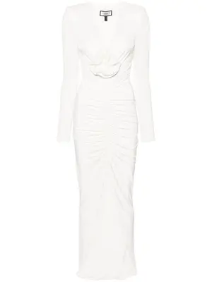 NISSA Floral Appliqué Plunge V-neck Maxi Dress - White