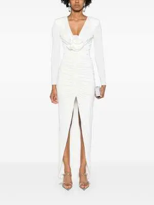 NISSA Floral Appliqué Plunge V-neck Maxi Dress - White