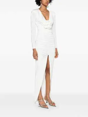 NISSA Floral Appliqué Plunge V-neck Maxi Dress - White