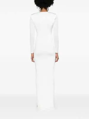 NISSA Floral Appliqué Plunge V-neck Maxi Dress - White
