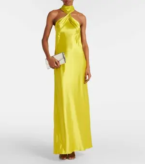 Galvan Portico Halterneck Satin Gown - Green