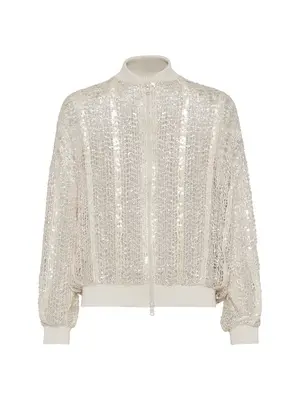 Brunello Cucinelli Dazzling Striped Net Embroidery Bomber Jacket