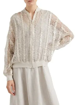 Brunello Cucinelli Dazzling Striped Net Embroidery Bomber Jacket