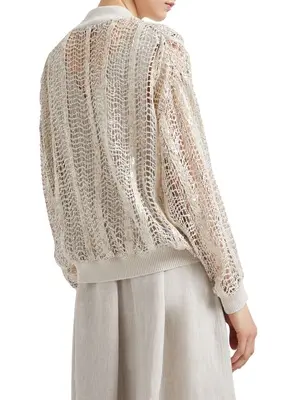 Brunello Cucinelli Dazzling Striped Net Embroidery Bomber Jacket