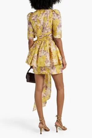 slim fit dress slacks Zimmermann brown printed long sleeve ruffle detail mini dress - BOPF main image 0