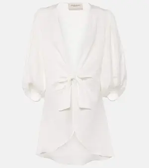 ADRIANA DEGREAS Puff-sleeve Linen-blend Blouse