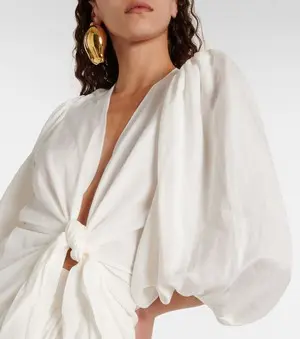 ADRIANA DEGREAS Puff-sleeve Linen-blend Blouse